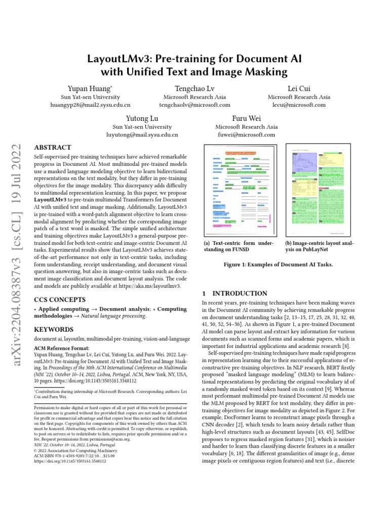 LayoutLMv3 Pre-Trainning For Document AI With Unified Text and Image Masking | PDF