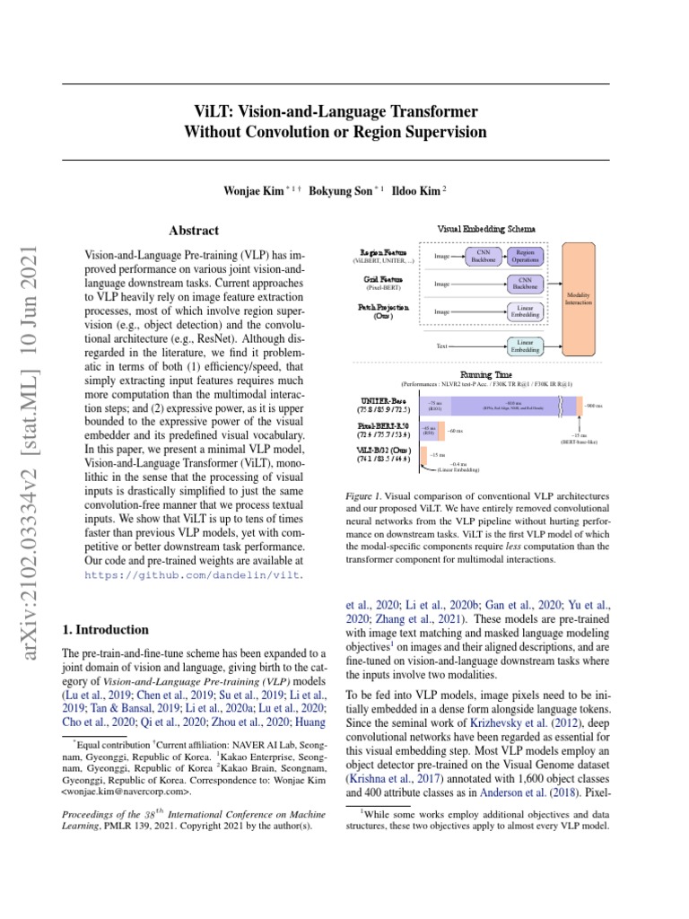 VILT-vision-and Language Transformer Without Convolution or Region Supervision | PDF
