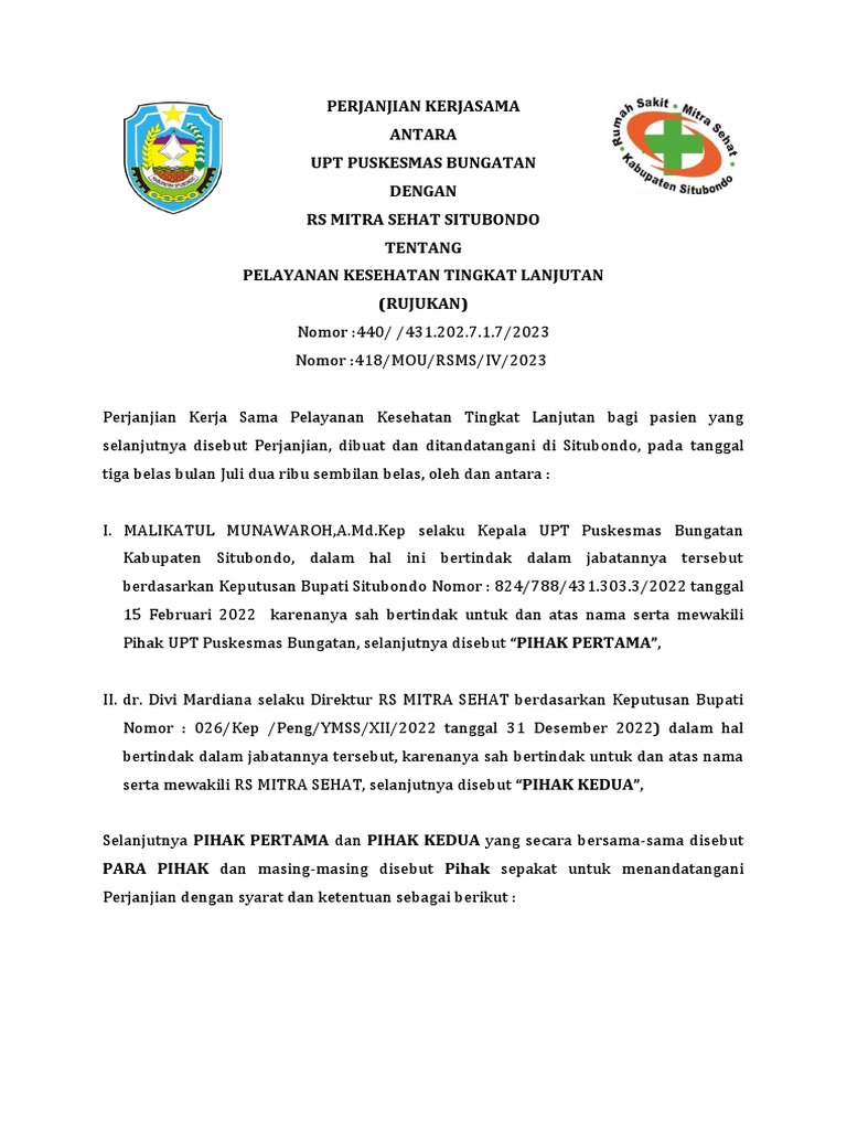 Kerjasama Pelayanan Kesehatan RS Mitra Sehat | PDF