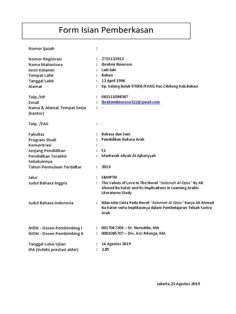 Form Isian Pemberkasaan Wisuda | PDF