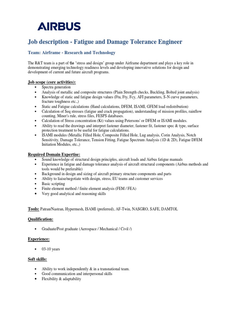 JD - Fatigue - Damage Tolerance Engineer - R - T | PDF | Fatigue ...