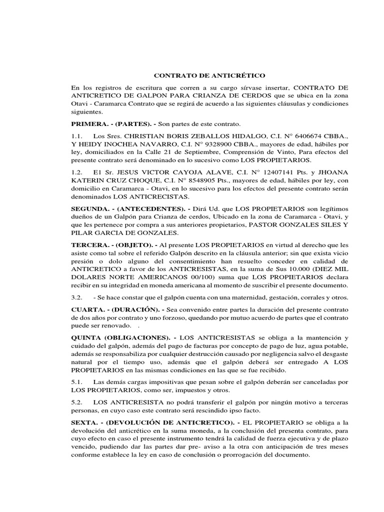 Contrato de Anticrético | PDF
