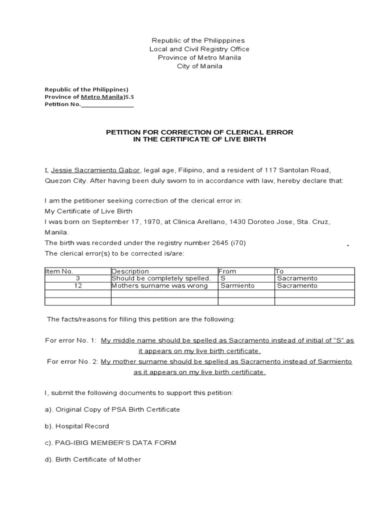 Petition For Correction of Clerical Error Certificate of Live Birth ...
