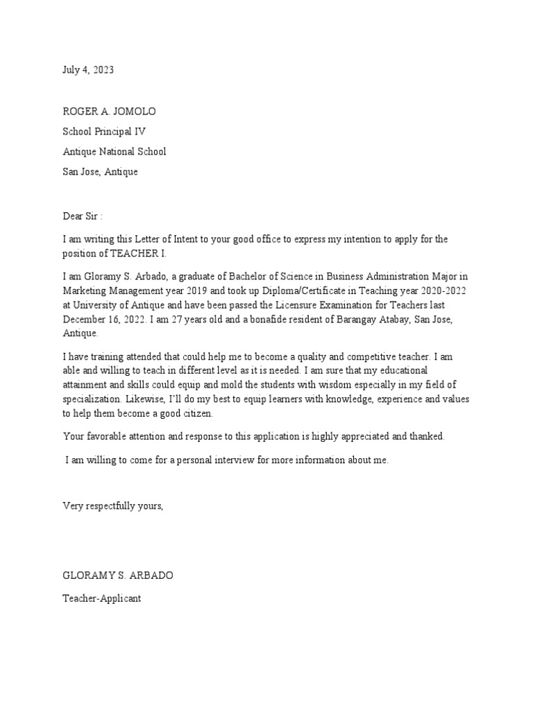 Teacher I Application Letter | PDF | Business