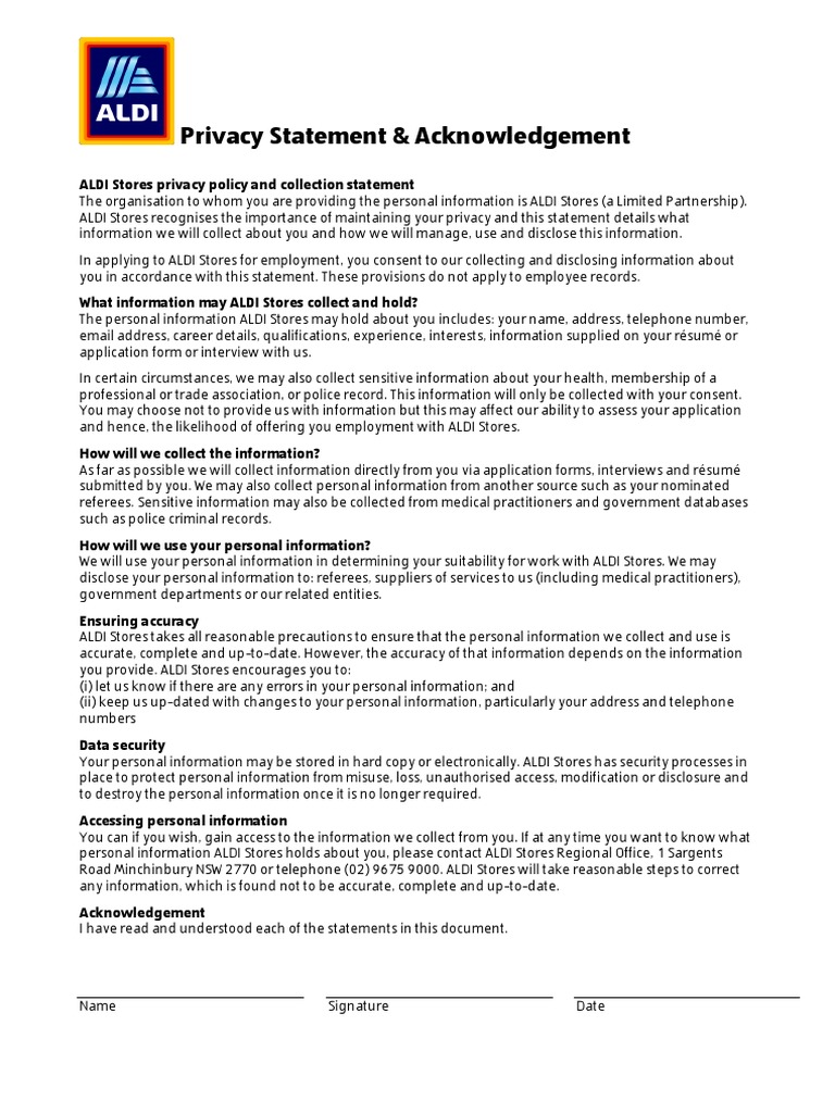 ALDI Privacy Statement & Acknowledgement Form | PDF | Privacy | Information