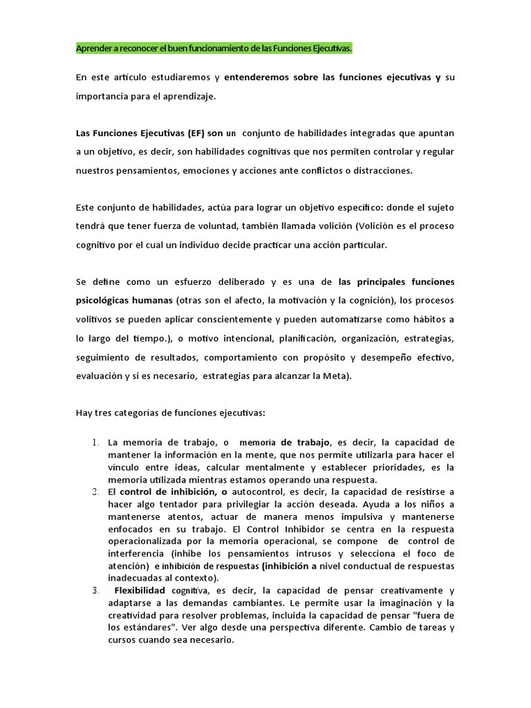 Las Funciones Ejecutivas (EF) Son | PDF | Aprendizaje | Pensamiento