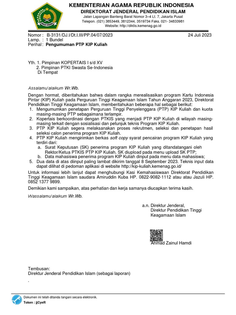 Pengumuman SK Lamp PTP KIPK 2023 | PDF