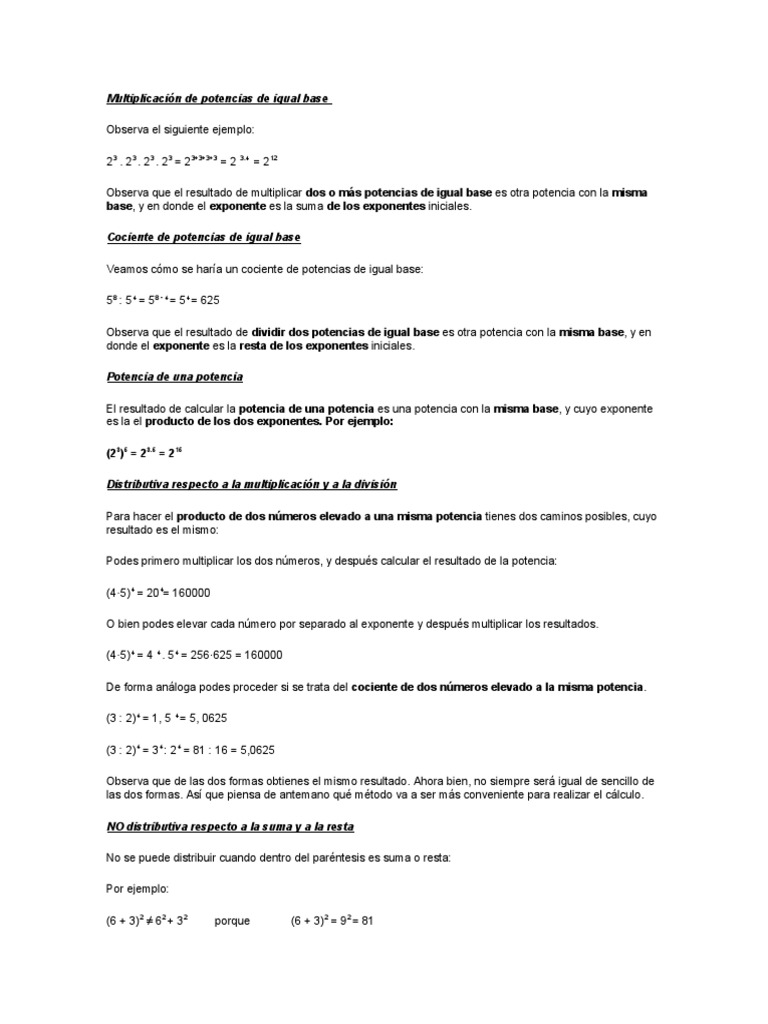 Propiedades de La Potenciacion | PDF | Exponenciación | Multiplicación