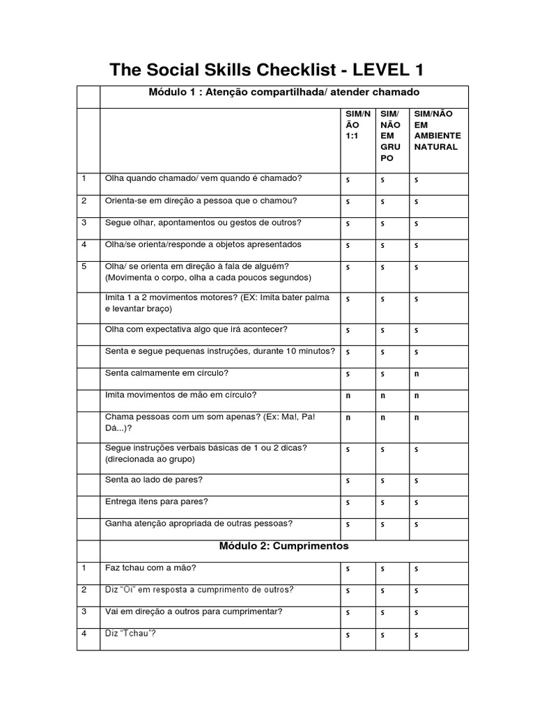 Checklist de Habilidades Sociais - Nível 1 | PDF | Carreira e ...