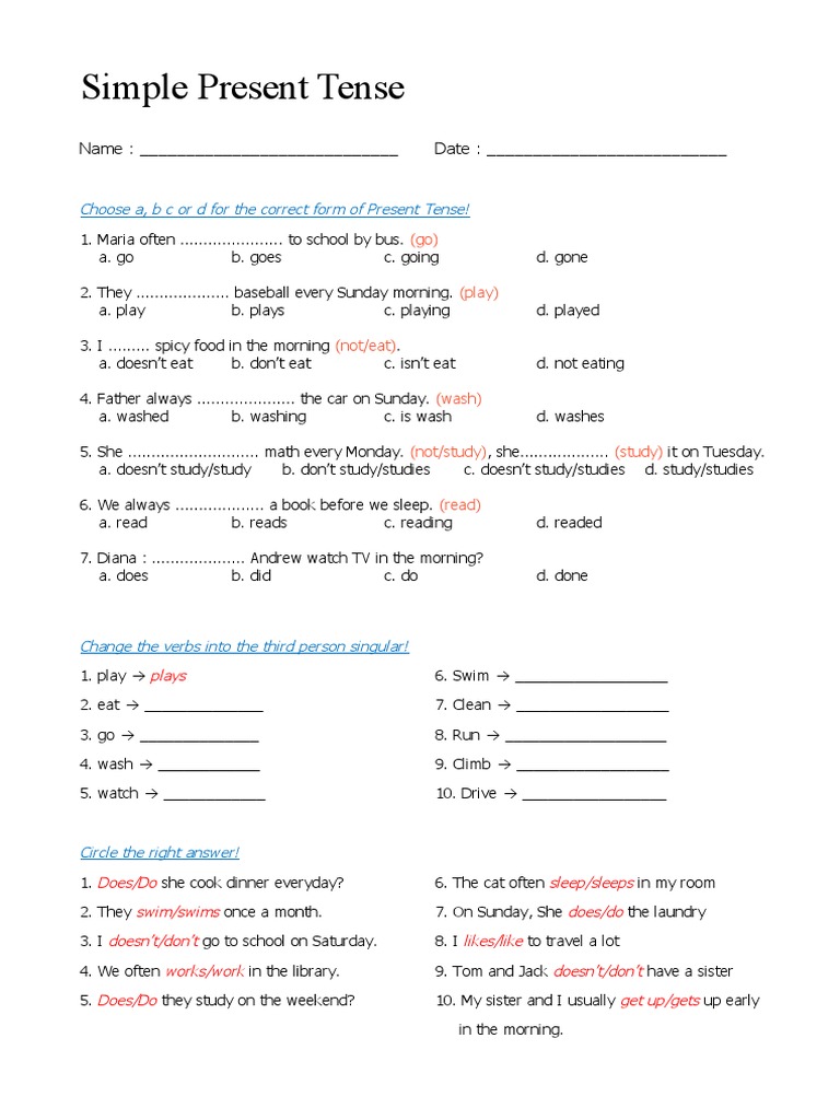 Exercise Simple-Present-Tense-Grammar-Drills-Sentence-Transformation ...