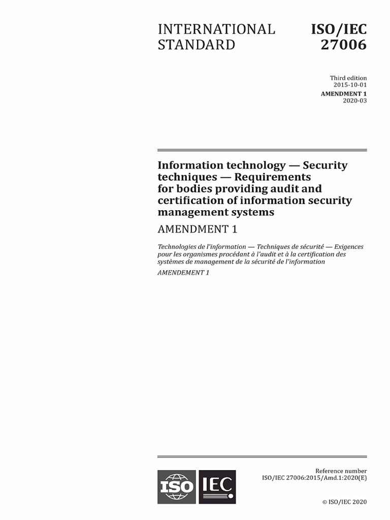 ISO IEC 27006:2015 AMD 1:2020 Information Technology — Security ... ISO IEC 27006:2015 AMD 1:2020 Information Technology — Security ...