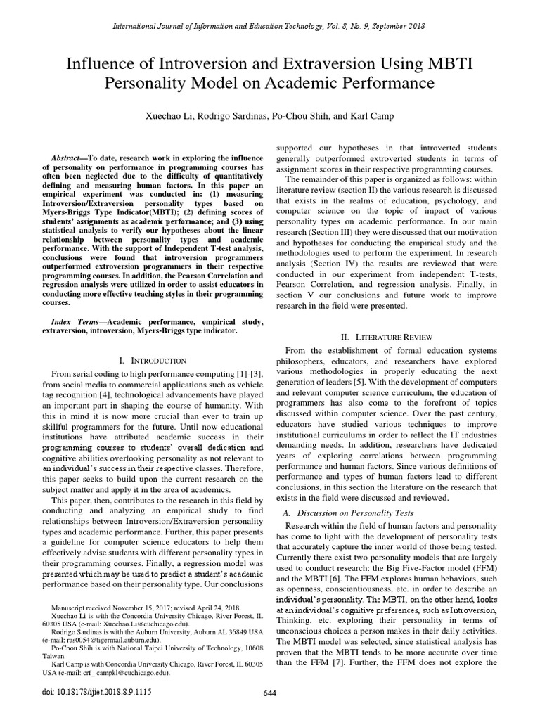 Influence of Introversion and Extraversion Using MBTI Personality Model On Academic Performance ...