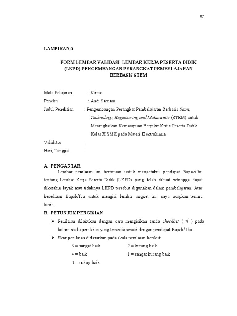 Lembar Validasi Lembar Kerja Siswa Bahan Ajar Stem | PDF