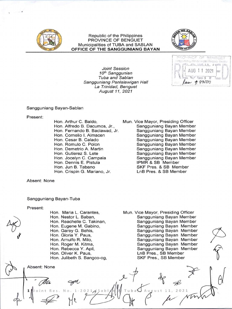 Joint Resolution 1 S 2021 SBs of Tuba and Sablan Both of Province of ...