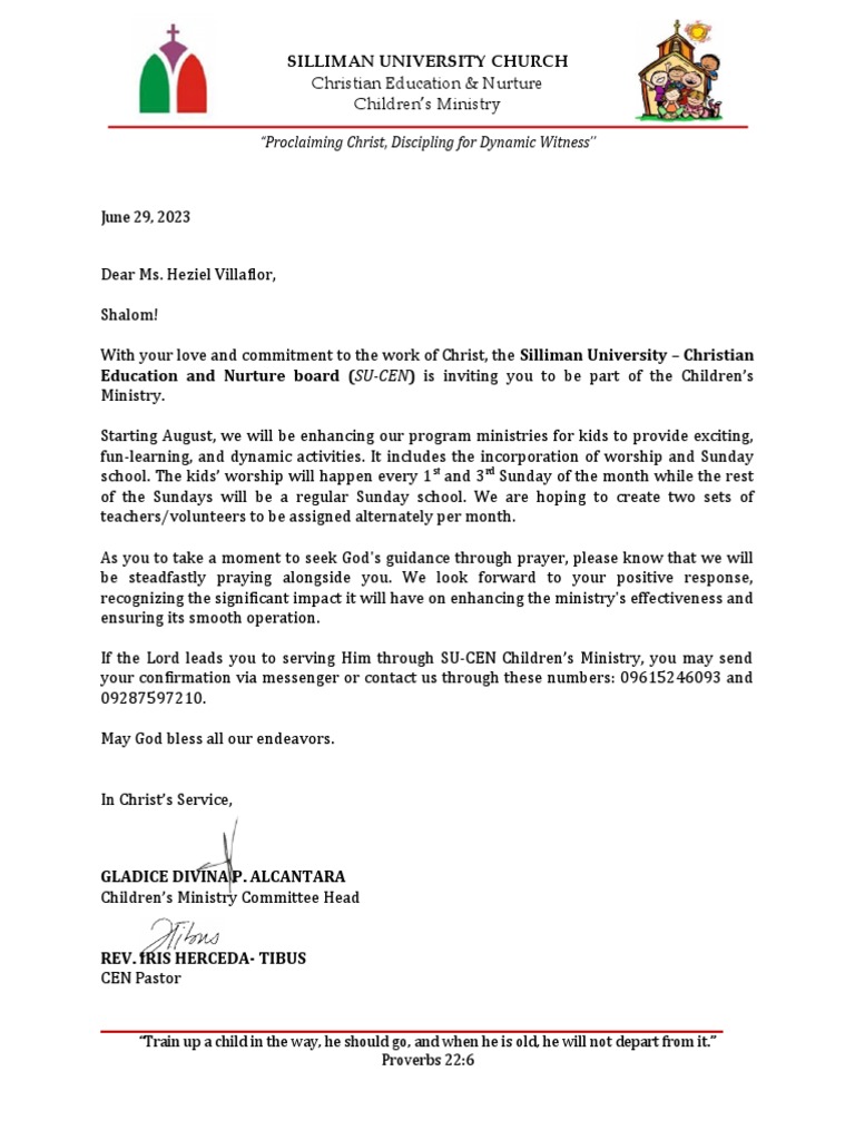 Letter of Invitation For Childrens Ministry 2023 | PDF