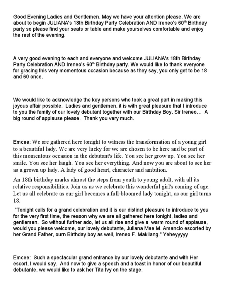 18th Birthday Emcee Script | PDF