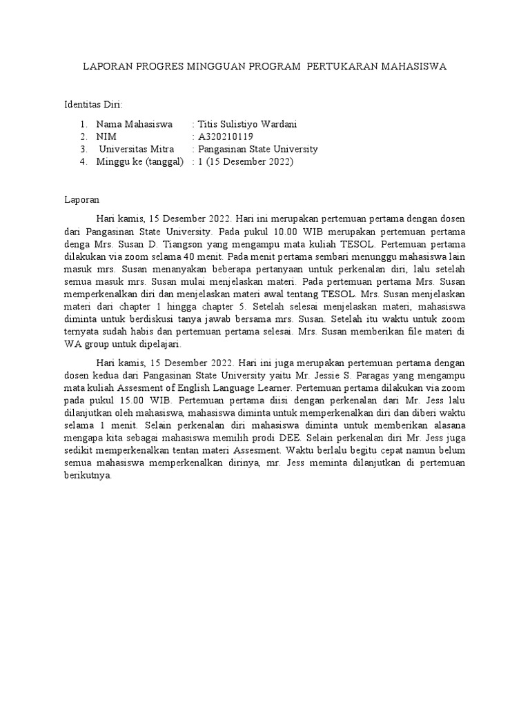 Template Laporan Progres Mingguan Program Pertukaran Mahasiswa | PDF