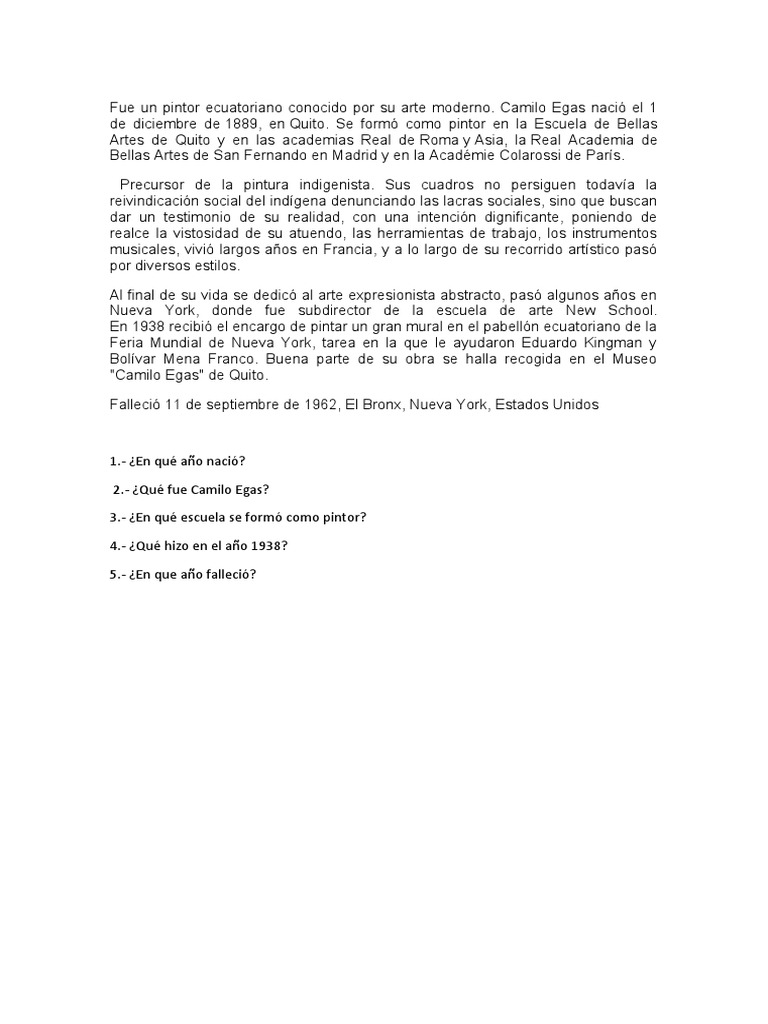 Biografía de Camilo Egas: Pintor Ecuatoriano | PDF
