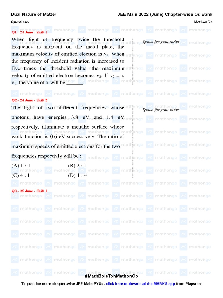 Dual Nature of Matter - JEE Main 2022 Chapter Wise Questions by MathonGo | PDF