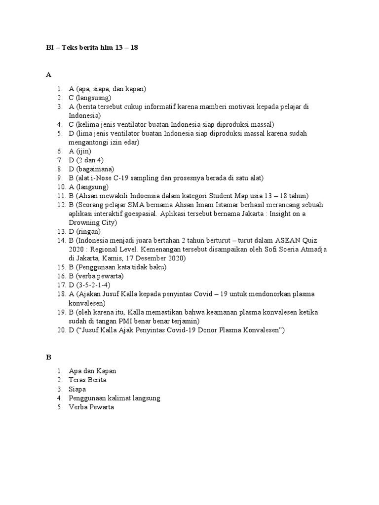 BI - Bab 1 Latihan Soal HLM 13 - 18 | PDF | Sains & Matematika