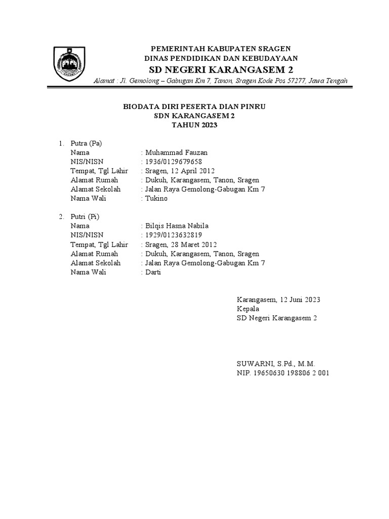 BIODATA DIRI PESERTA LOMBA | PDF