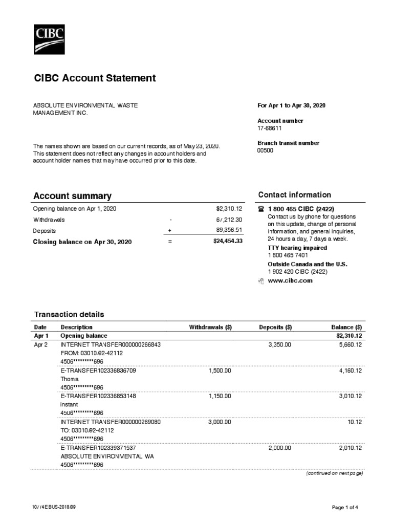 CIBC Business Bank Account Statement | PDF | Transaction Account | Banks