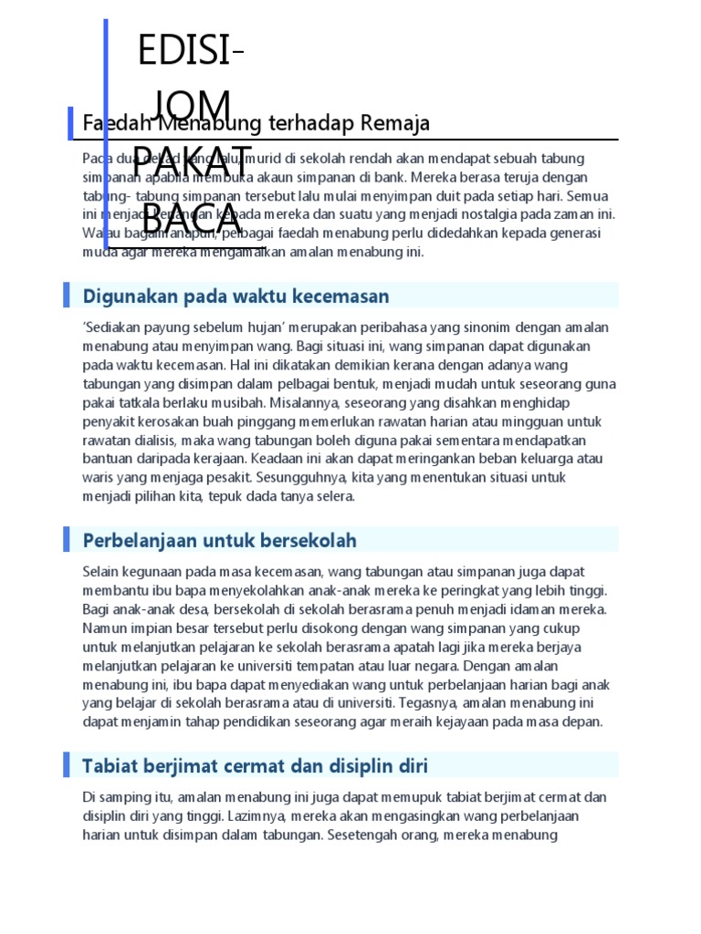 Faedah Menabung Terhadap Remaja - Edisi Jom Pakat Baca | PDF