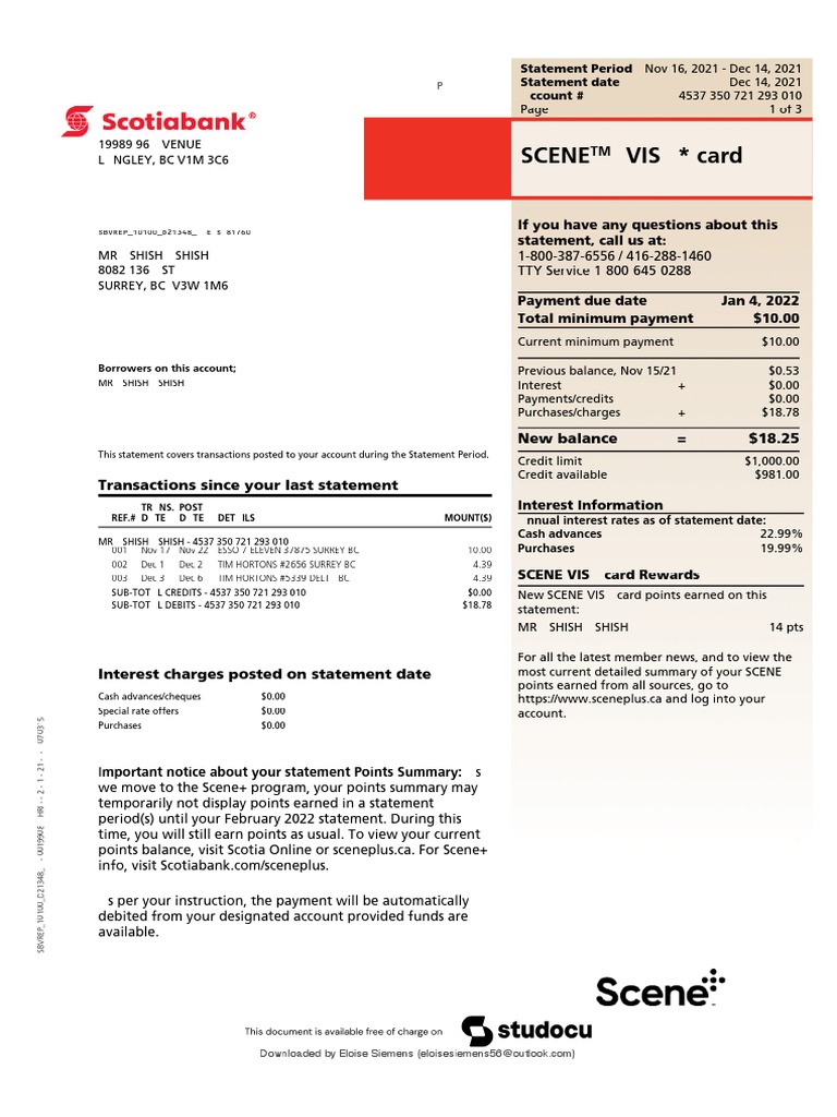 Scotiabank Scene VISA Statement Template | PDF