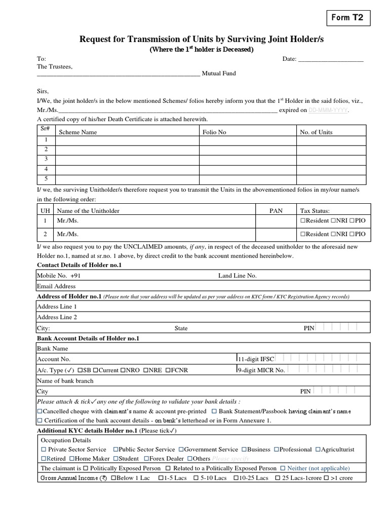 Form T2: (Where The 1 Holder Is Deceased) | PDF