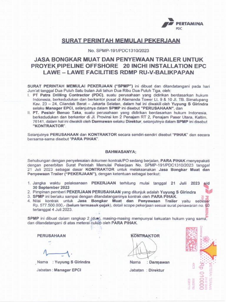 Surat Perjanjian Memulai Pekerjaan Jasa Bongkar Muat Dan Penyewaan ...