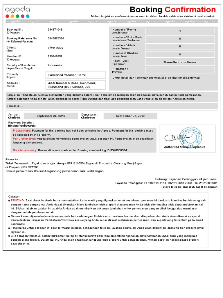 Konfirmasi Agoda Di Furnished Vacation Home | PDF