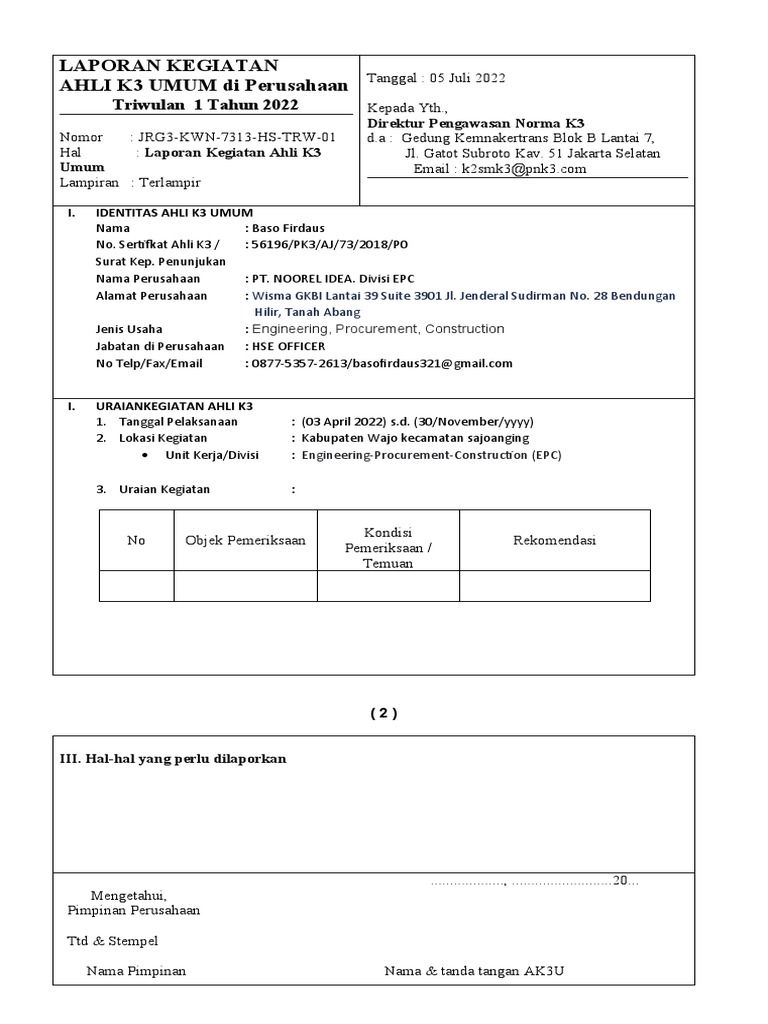 Laporan P2K3 Triwulan | PDF