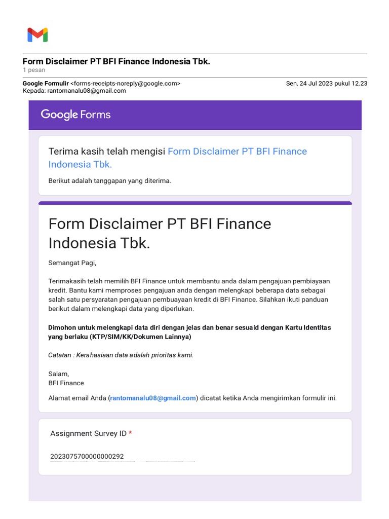 Gmail - Form 1 Disclaimer PT BFI Finance Indonesia Tbk. | PDF
