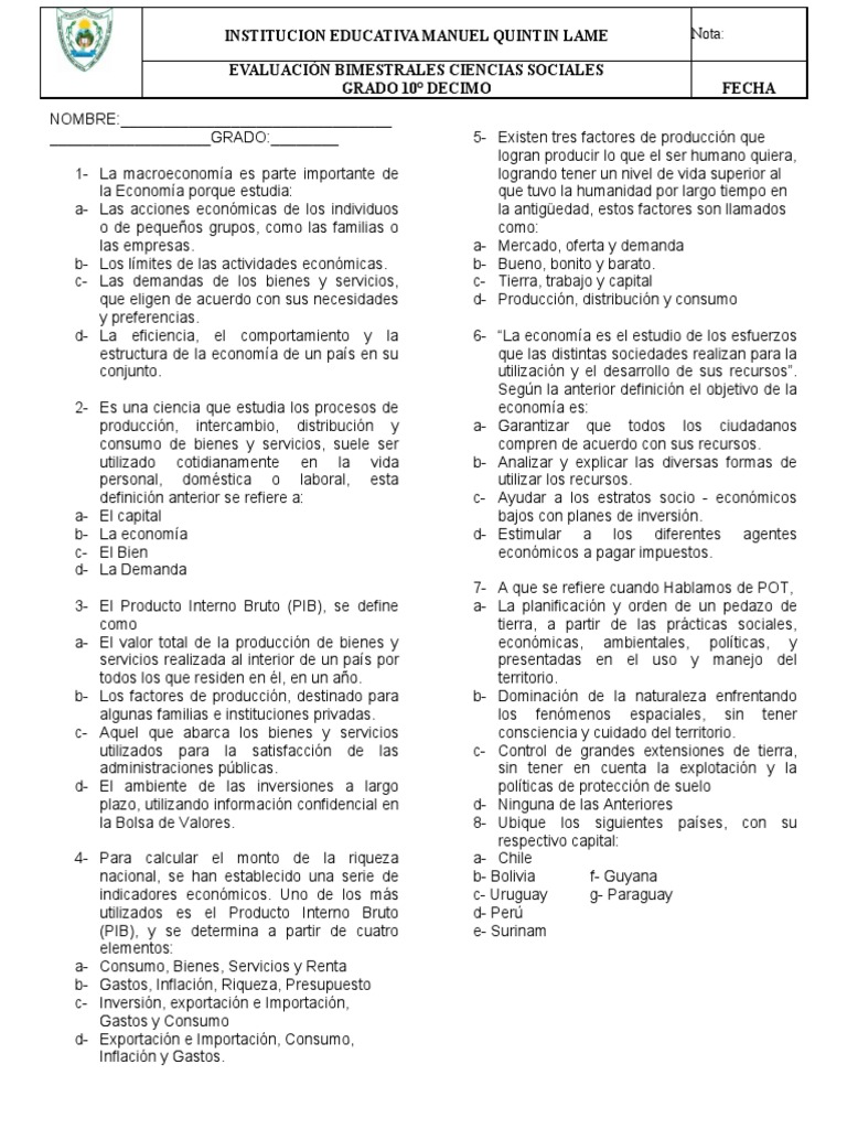 Bimestrales 10º Ciencias Economicas y Politicas. | PDF Bimestrales 10º Ciencias Economicas y Politicas. | PDF