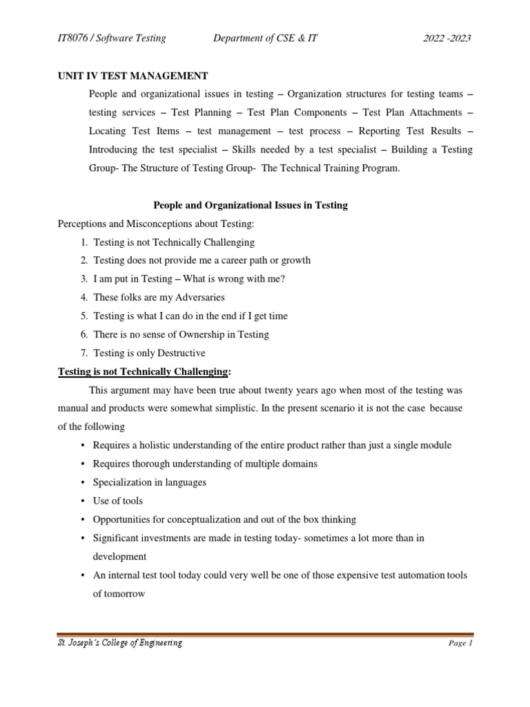 Unit Iv Test Management: IT8076 / Software Testing Department of CSE ...