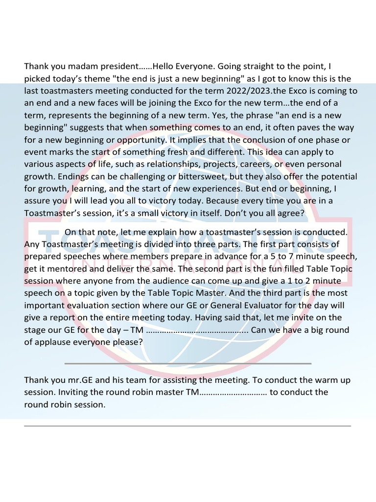 TOASTMASTER OF THE DAY-script | PDF