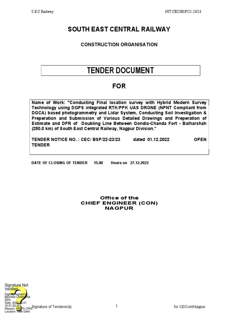 Tender - SECR - FLS - Doubling - Gondia - Chanda Fort | PDF