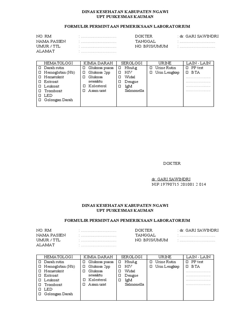 Formulir Permintaan Pemeriksaan Laboratorium | PDF
