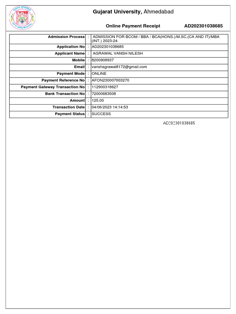 BCOM/BBA/BCA/MBA Admission Receipt | PDF