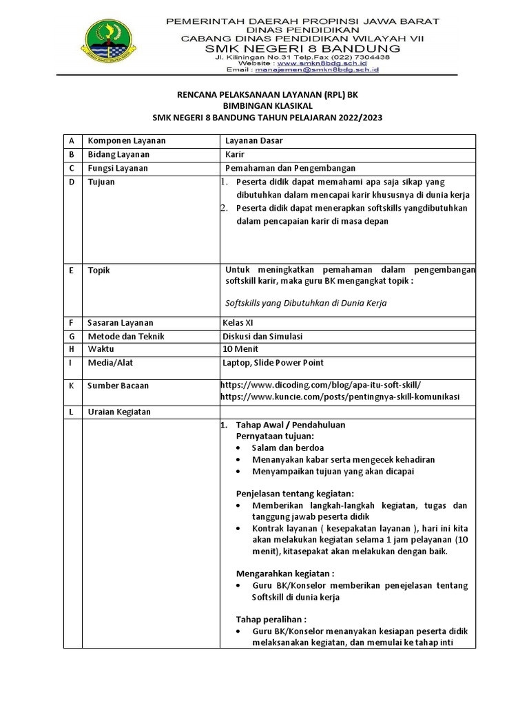 Rencana Pelaksanaan Layanan (RPL) BK Bimbingan Klasikal SMK Negeri 8 ...