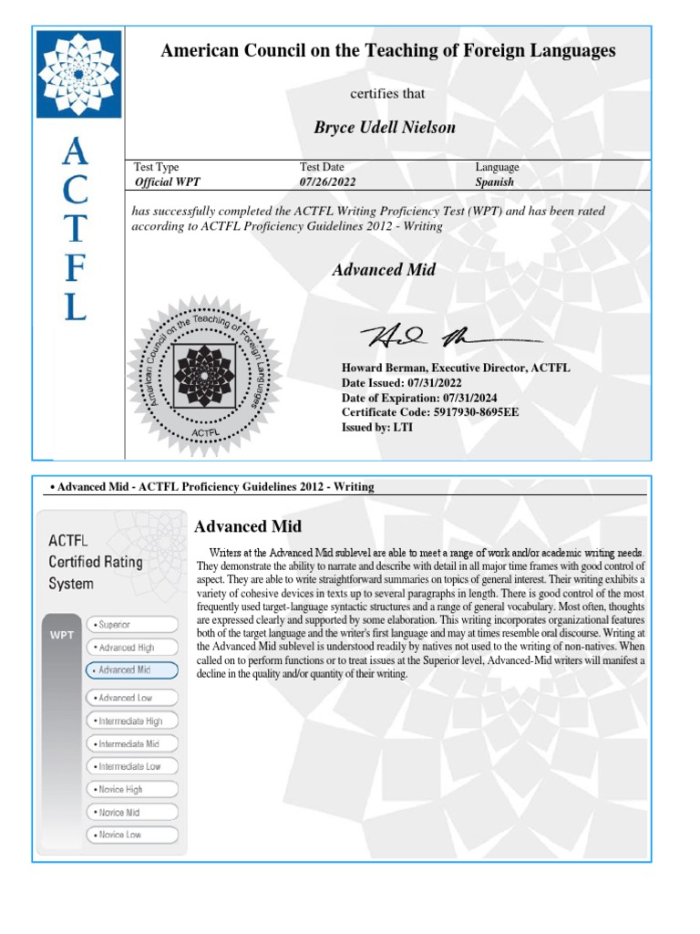 ACTFL Writing Proficiency Certificate: Spanish | PDF | Cognitive ...