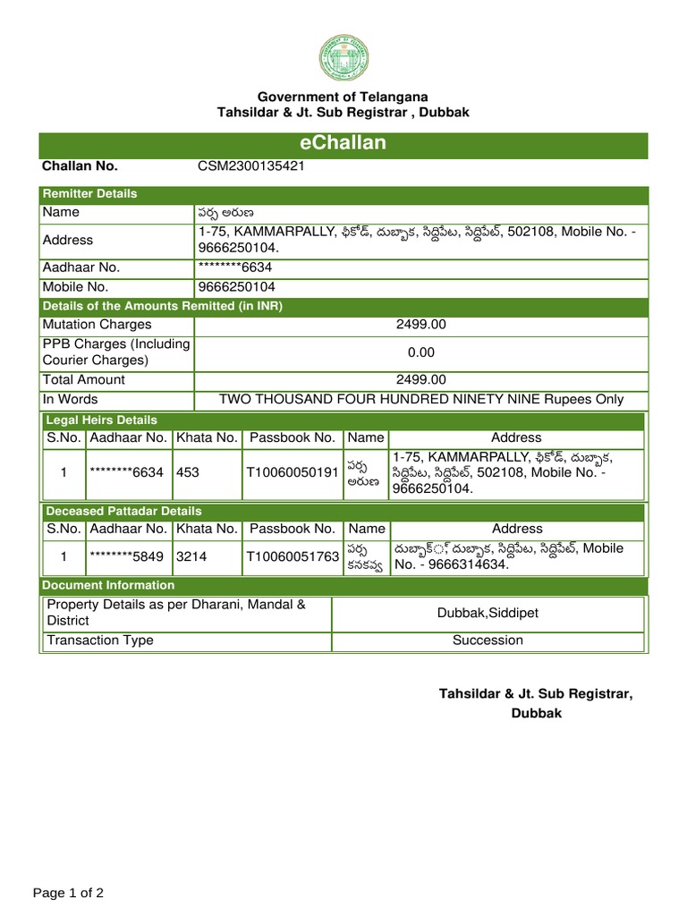 E Challan Receipt For Succession | PDF
