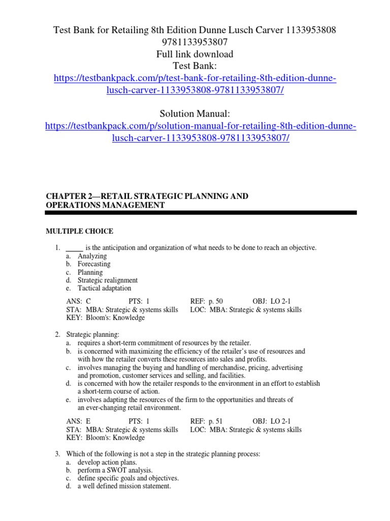 Retailing 8th Edition Dunne Lusch Carver Test Bank | PDF