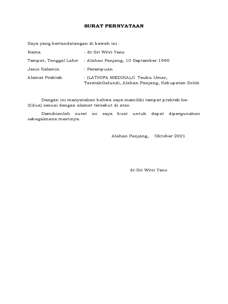 Surat Izin Praktek dr. Sri Witri Yeno | PDF
