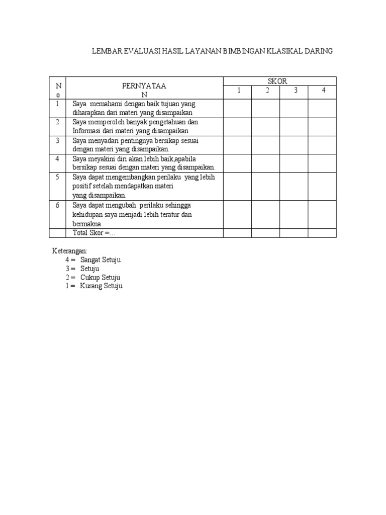 Lembar Evaluasi Hasil Layanan Bimbingan Klasikal | PDF Lembar Evaluasi Hasil Layanan Bimbingan Klasikal | PDF