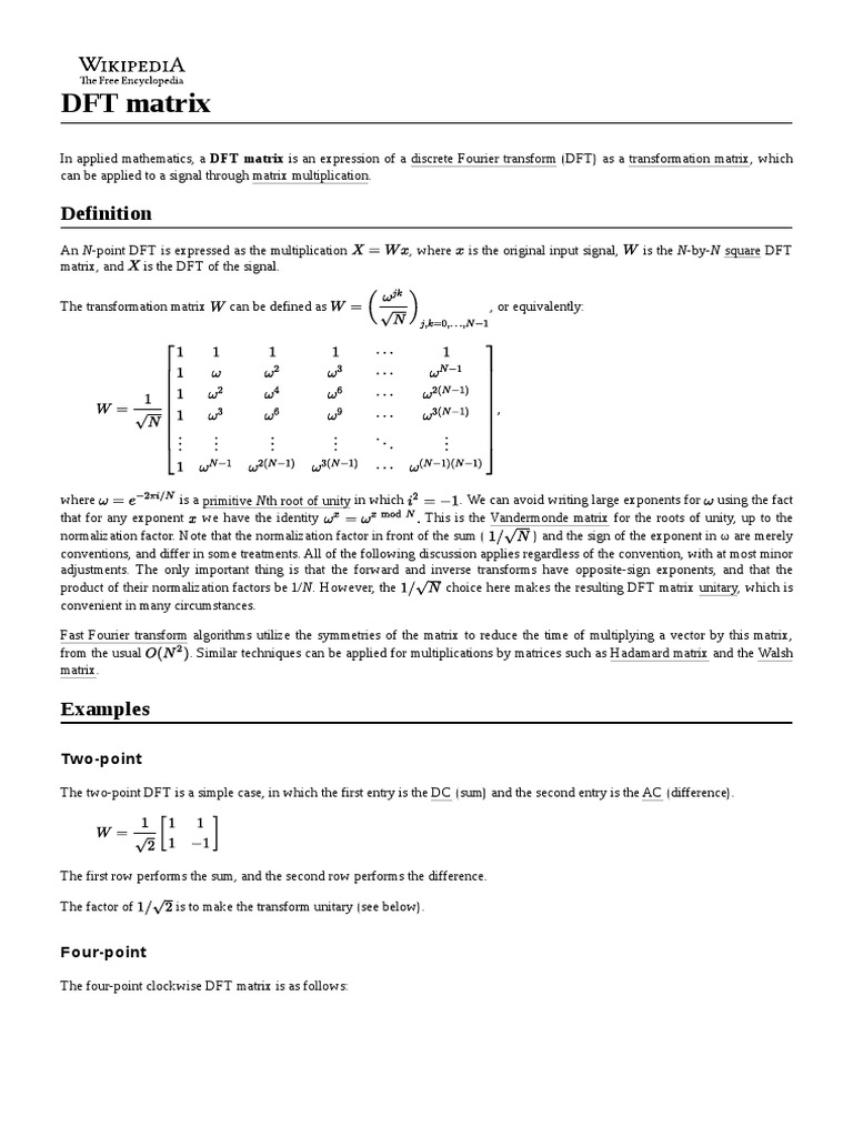 Dft Matrix Pdf Discrete Fourier Transform Mathematical Analysis