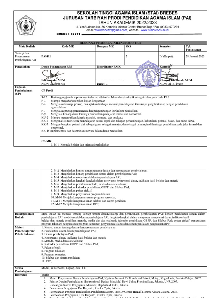 RPS Desain Dan Perencanaan Pembelajaran | PDF | Karier & Perkembangan