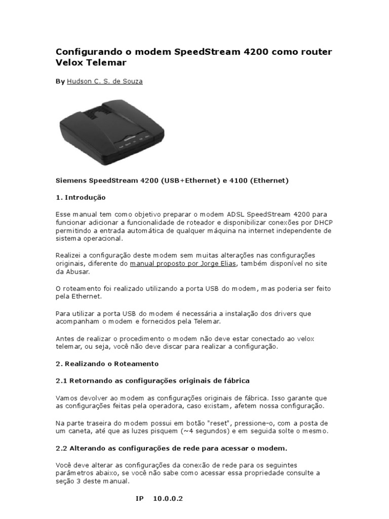 Configurando o Modem Speed Stream 4200 Como Router | PDF | Roteador ...