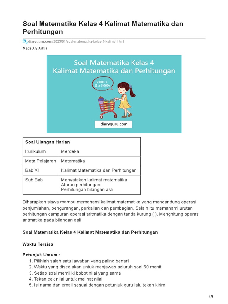 Soal Matematika Kelas 4 Kalimat Matematika Dan Perhitungan | PDF