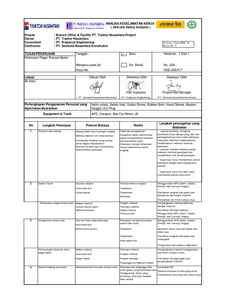 Form HSE 001 Analisa Keselamatan Kerja (JSA) | PDF